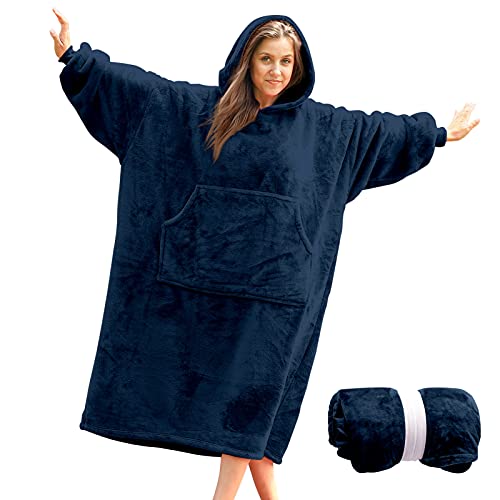 Lengthened Oversized Blanket Hoodie Wearable Blanket Sweatshirt Women - Navy Blue Hoodie Blanket Hooded Blanket Women and Men, Super Warm Blanket Sleeves and Giant Pocket