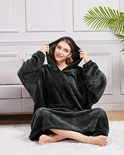 Hilarocky Blanket Hoodie Oversized Fleece Wearable Blanket Flannel Sweatshirt Blankets with Large Double Front Pocket, Quarter-Zippers Ultra Cozy Plush Blanket for Dark Grey