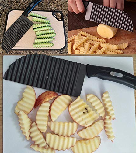 Crinkle Potato Cutter - 2.9" x 11.8" Stainless Steel French Fries Slicer Handheld Chipper Chopper Potato Carrot Chopping Knife Home Kitchen Wavy Blade Cutting Tool Large Size