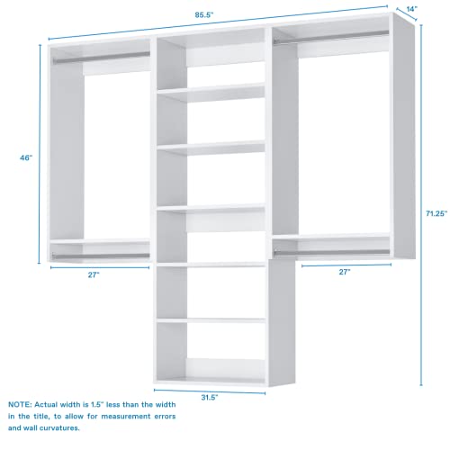 Closet Kit with Hanging Rods & Shelves - Corner Closet System - Closet Shelves - Closet Organizers and Storage Shelves (White, 87 inches Wide) Closet Shelving
