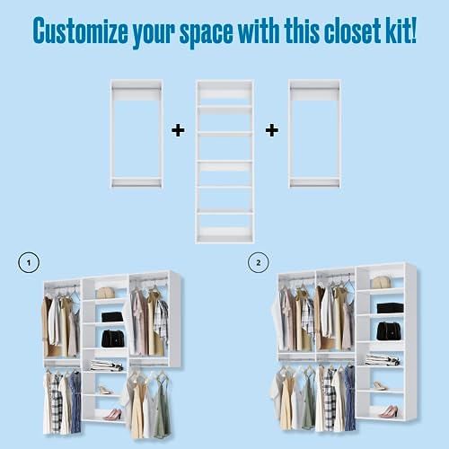 Closet Kit with Hanging Rods & Shelves - Corner Closet System - Closet Shelves - Closet Organizers and Storage Shelves (White, 87 inches Wide) Closet Shelving