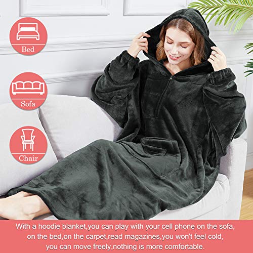 Hilarocky Blanket Hoodie Oversized Fleece Wearable Blanket Flannel Sweatshirt Blankets with Large Double Front Pocket, Quarter-Zippers Ultra Cozy Plush Blanket for Dark Grey