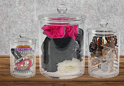 HOME-X Set of 3 Apothecary Jars, Cotton Ball & Swabs Holder, Bathroom Storage, Crystal Clear Acrylic Container with Lid-24 oz.-12 oz.-5 oz