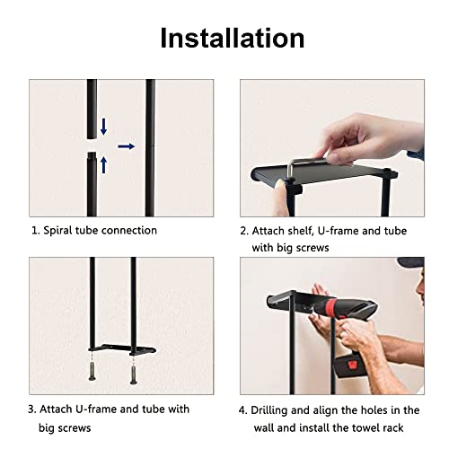 TouYinger Towel Rack for Bathroom, Towel Holder for Bathroom Wall, Metal Towel Rack Wall Mounted with Shelf and Hooks, Bathroom Towel Storage for Large Towels and Small Towels (Black Shelf)