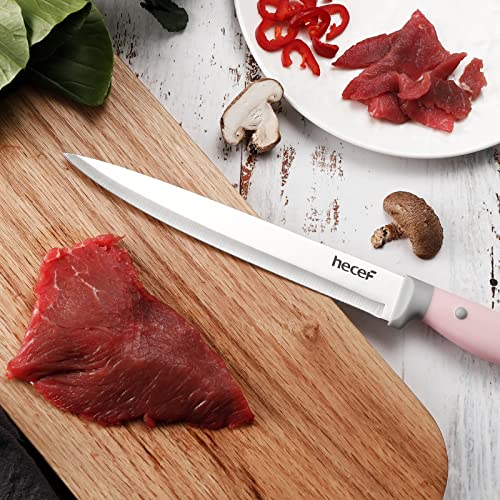 hecef Kitchen Knife Block Set, 14 Pieces Knife Set with Wooden Block & Sharpener Steel & All-purpose Scissors, High Carbon Stainless Steel Cutlery Set, Mothers Day Gift Housewarming Birthday (Pink)