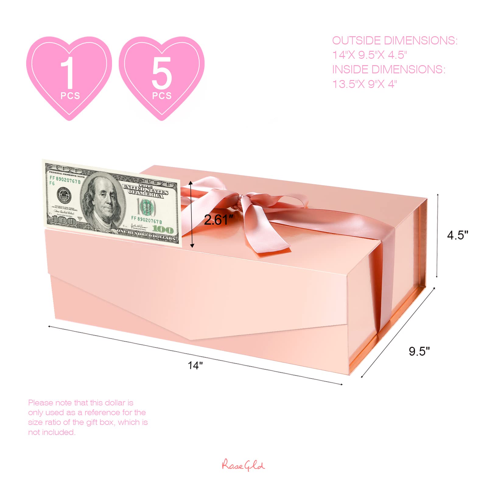 ROSEGLD Large Gift Box with Ribbon 13.5x9x4.1 Inches, Collapsible Gift Box with Lid, Bridesmaid Proposal Box, Magnetic Gift Box for Presents (Glossy Rose Gold)