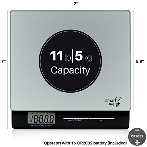Smart Weigh Professional USPS Postal Scale with Tempered Glass Platform, Multiple Weighing Modes and Tare Function, Silver Shipping Scale, Platform Scale, 11 pounds/ 5 Kilograms