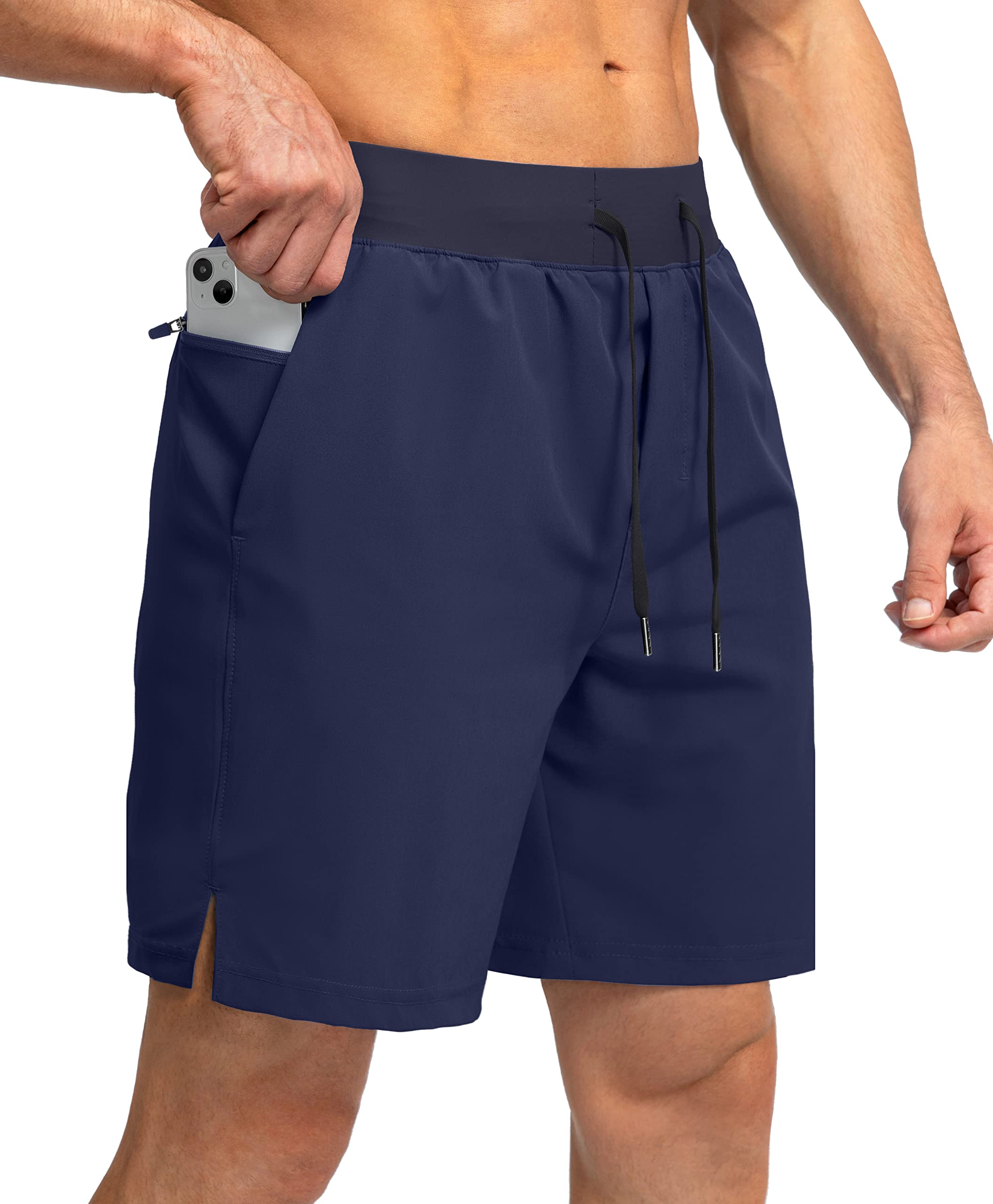 Men's Running Shorts with Zipper Pockets 7 Inch Lightweight Quick Dry Gym Athletic Workout Shorts for Men (Navy, M)