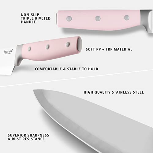 hecef Kitchen Knife Block Set, 14 Pieces Knife Set with Wooden Block & Sharpener Steel & All-purpose Scissors, High Carbon Stainless Steel Cutlery Set, Mothers Day Gift Housewarming Birthday (Pink)