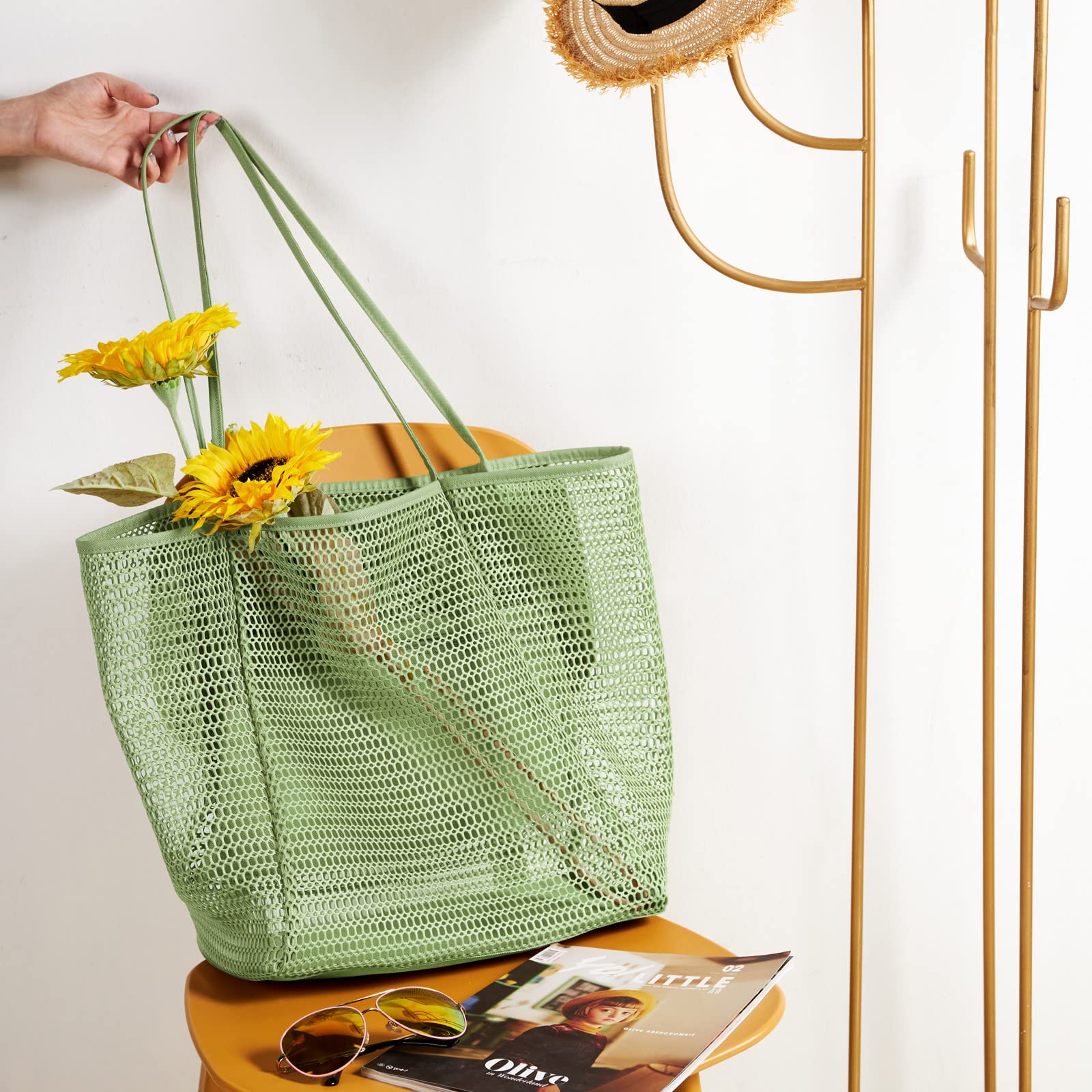 KALIDI Beach Mesh Tote Bag, Casual Tote Bag Hobo Women Foldable MAX 23L Shoulder Grocery Bag For Beach Picnic Vacation