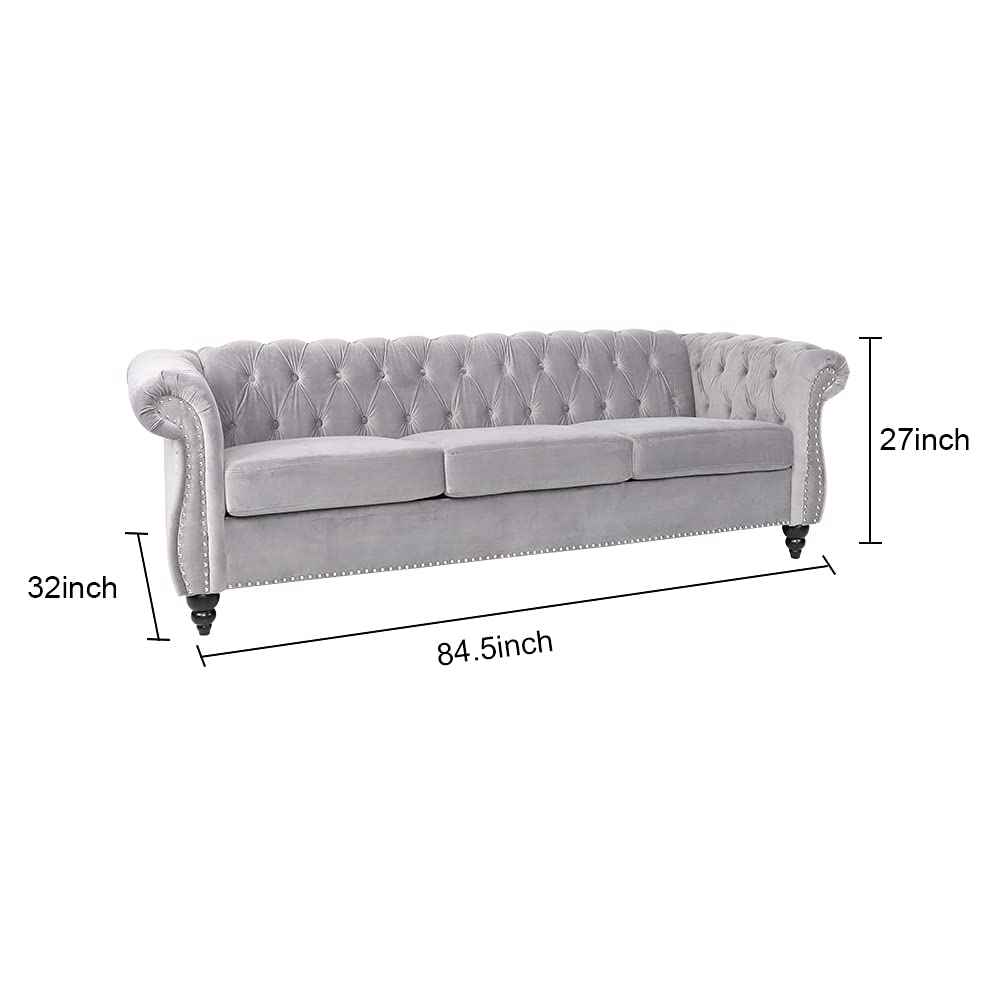LEVNARY Three-Seat Velvet Sofa, Large Sofa Classic Tufted Chesterfield Settee Sofa Modern 3 Seater Couch Furniture with Tufted Back for Living Room, Dark Grey