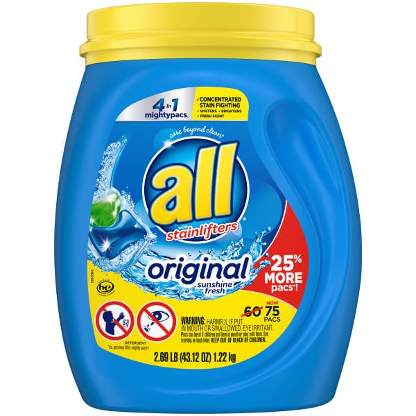 all with Stainlifters Original Mighty Pacs Laundry Detergent Pacs, 4 in 1 Stainlifters, One Tub, 75 Count