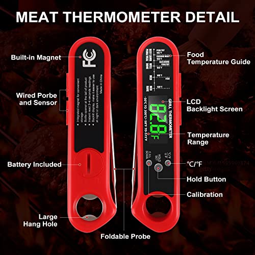 3 in 1 Digital Meat Thermometer, Instant Read Food Thermometer with 2 Detachable Wired Probe, Calibration, Alarm Function, LCD Backlight for Grilling, Cooking, BBQ, Kitchen