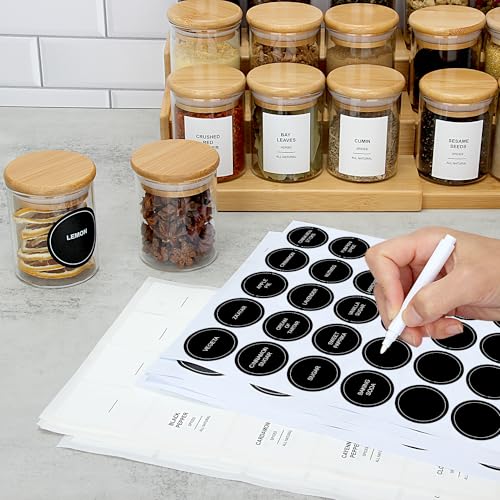 JuneHeart 24 PCS Glass Spice Jars with Bamboo Lids and 315 Waterproof Labels, 4oz Clear Food Storage Containers for Kitchen Sugar Salt Coffee Beans