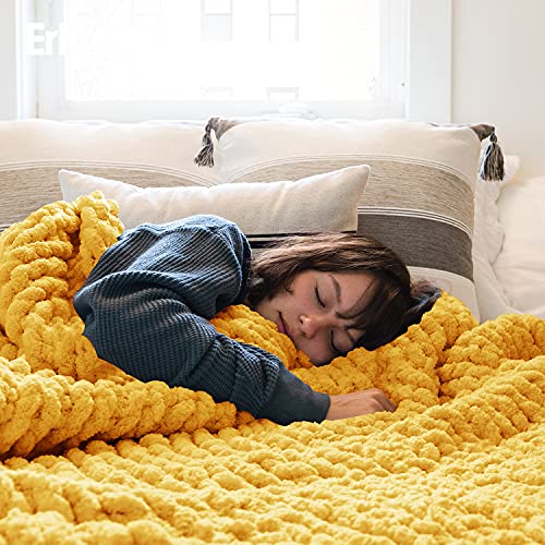 ERLYEEN Chunky Knit Blanket Handmade Chenille Blanket Warm Soft Cozy for Bed Chair Sofa Best Gift Turmeric 40"x60"(Love Seat)