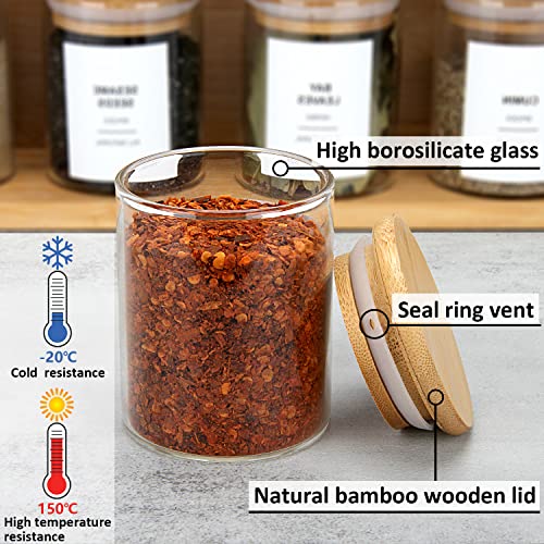 JuneHeart 24 PCS Glass Spice Jars with Bamboo Lids and 315 Waterproof Labels, 4oz Clear Food Storage Containers for Kitchen Sugar Salt Coffee Beans