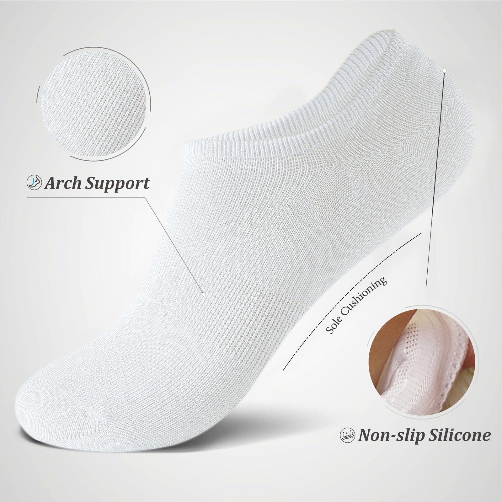 HIGIXCH No Show Socks Women Low Cut Invisible Liner Non slip Athletic Boat Socks 6 Pairs(socks for women size 5-8, White)