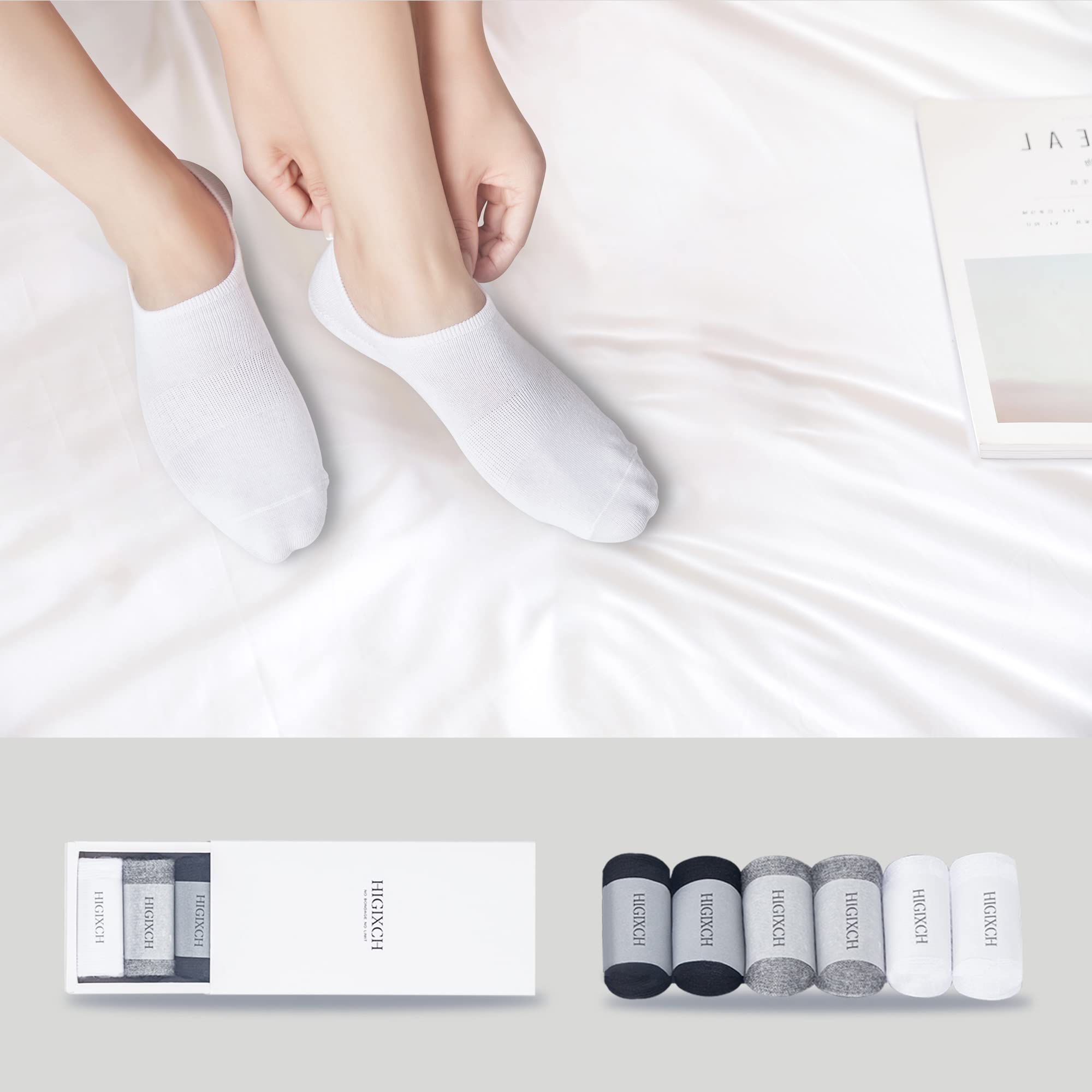 HIGIXCH No Show Socks Women Low Cut Invisible Liner Non slip Athletic Boat Socks 6 Pairs(socks for women size 5-8, White)