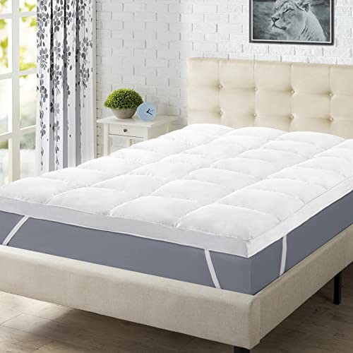 Superior Mattress Topper, Down Alternative 2 Inch Deep Sized Bed Pillow Top, Comfort Pad, Fluffy Mattress-Topper Protector, Plush Cooling Extra Soft Hotel Sleep All-Season, Queen, White