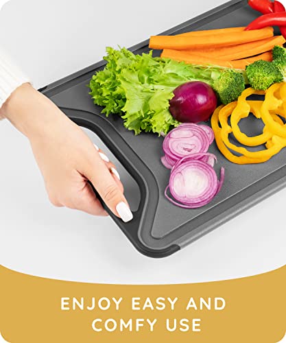 Cutting Boards for Kitchen - Plastic Cutting Board Set of 3, Dishwasher Safe Cutting Boards with Juice Grooves, Thick Chopping Boards for Meat, Veggies, Fruits, Easy Grip Handle, Non-Slip (Black/Gray)