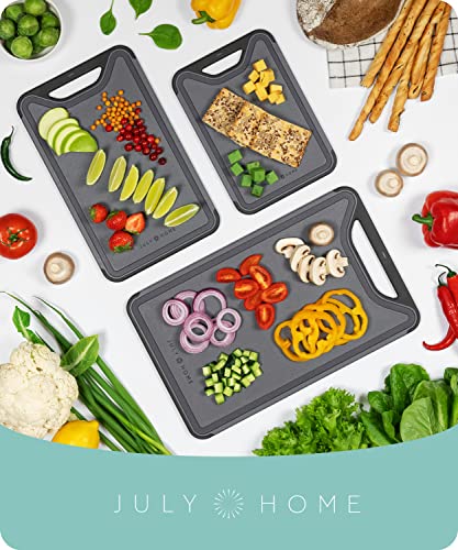 Cutting Boards for Kitchen - Plastic Cutting Board Set of 3, Dishwasher Safe Cutting Boards with Juice Grooves, Thick Chopping Boards for Meat, Veggies, Fruits, Easy Grip Handle, Non-Slip (Black/Gray)