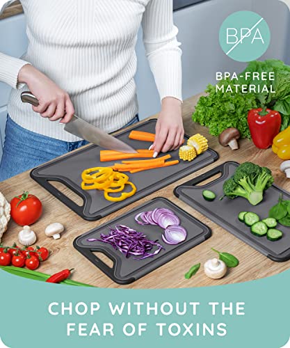 Cutting Boards for Kitchen - Plastic Cutting Board Set of 3, Dishwasher Safe Cutting Boards with Juice Grooves, Thick Chopping Boards for Meat, Veggies, Fruits, Easy Grip Handle, Non-Slip (Black/Gray)