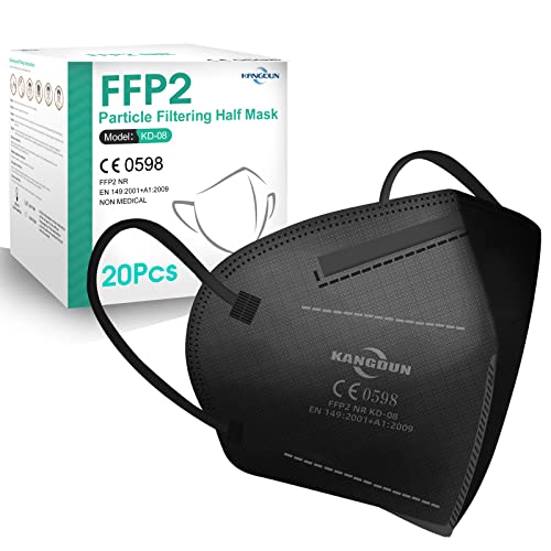 KANGDUN FFP2 Mask 20Pcs, 5 Layer Cup Dust Safety Masks FFP2 Face Mask, Disposable Particulate Respirator Against PM2.5, Fire Smoke for Men, Women, EN 149:2001+A1:2009 FFP2 NR Black