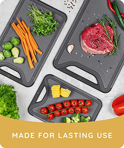 Cutting Boards for Kitchen - Plastic Cutting Board Set of 3, Dishwasher Safe Cutting Boards with Juice Grooves, Thick Chopping Boards for Meat, Veggies, Fruits, Easy Grip Handle, Non-Slip (Black/Gray)