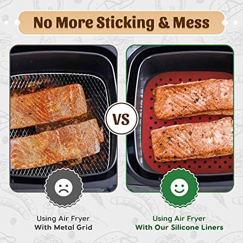 Reusable Silicone Air Fryer Liners by Linda’s Essentials (3 Pack) - Non Stick Easy Clean Air Fryer Liners Reusable Mats Air Fryer Accessories Includes Cheat Sheet And Recipe Book (Square (8.5 Inches))