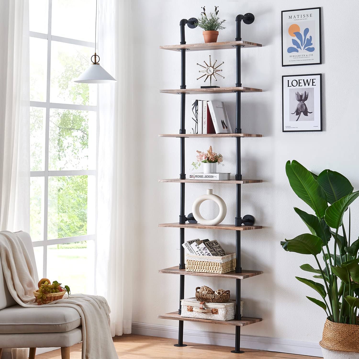 HOMBAZAAR Industrial Pipe Bookshelf,7 Tier Pipe Shelving,Wall Mounted Ladder Shelves with Metal Frame for Home Office,Living Room,Oak Brown