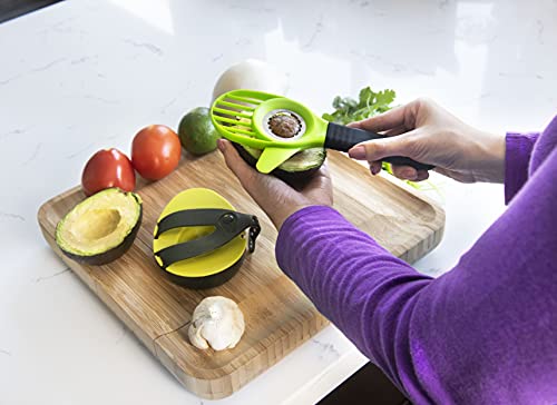 Simply Served Avocado Slicing and Storage Set, 3-in-1 Avocado Slicing Tool, Split, Pit, and Slice Avocados Safely and Effectively, Store Avocados and Reduce Browning, Green