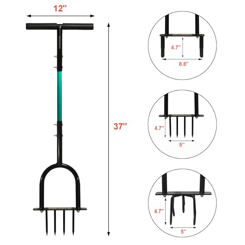 nutroeno 3 in 1 Lawn Aerator – 37 Inches Manual Plug Coring for Compacted Soils, Spike Aeration with 4.7 Iron Tines Small Yards, Twist Tiller Claw Cultivator Flower Box and Raised Bed., Green & Black