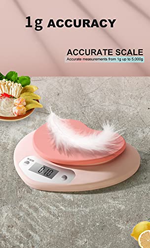 YRY Pink Kitchen Scale - Large LCD Display, Tare Function, 11 lbs(5kg) Capacity, 0.03 oz.(1g) Precise Graduation, ML and Oz Unit for Liquids and Solids - Ideal Food Scale for Baking & Cooking (5kg/1g)