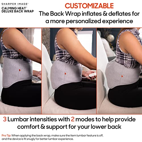 Calming Heat Back Wrap Deluxe by Sharper Image- Electric Back Heating Pad with Customizable Inflatable Lumbar Support, Soothing Heat, & Massaging Vibrations- 27 Settings 3 Heat, 9 Vibration, 3 Lumbar