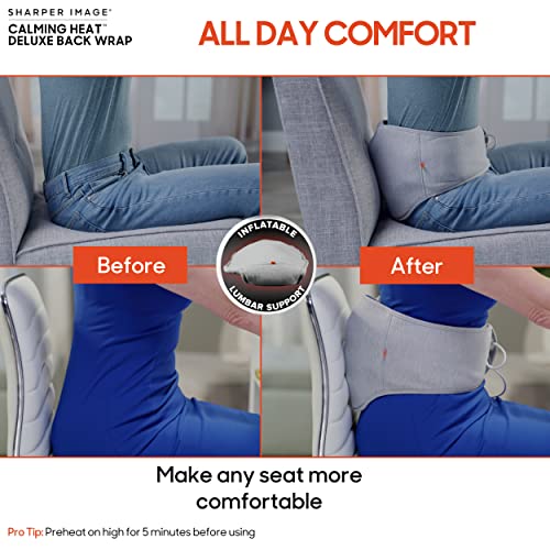 Calming Heat Back Wrap Deluxe by Sharper Image- Electric Back Heating Pad with Customizable Inflatable Lumbar Support, Soothing Heat, & Massaging Vibrations- 27 Settings 3 Heat, 9 Vibration, 3 Lumbar