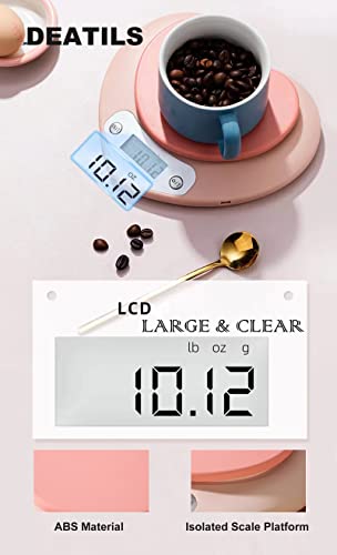 YRY Pink Kitchen Scale - Large LCD Display, Tare Function, 11 lbs(5kg) Capacity, 0.03 oz.(1g) Precise Graduation, ML and Oz Unit for Liquids and Solids - Ideal Food Scale for Baking & Cooking (5kg/1g)