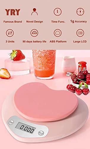 YRY Pink Kitchen Scale - Large LCD Display, Tare Function, 11 lbs(5kg) Capacity, 0.03 oz.(1g) Precise Graduation, ML and Oz Unit for Liquids and Solids - Ideal Food Scale for Baking & Cooking (5kg/1g)