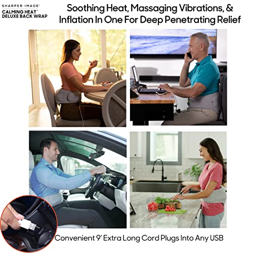 Calming Heat Back Wrap Deluxe by Sharper Image- Electric Back Heating Pad with Customizable Inflatable Lumbar Support, Soothing Heat, & Massaging Vibrations- 27 Settings 3 Heat, 9 Vibration, 3 Lumbar