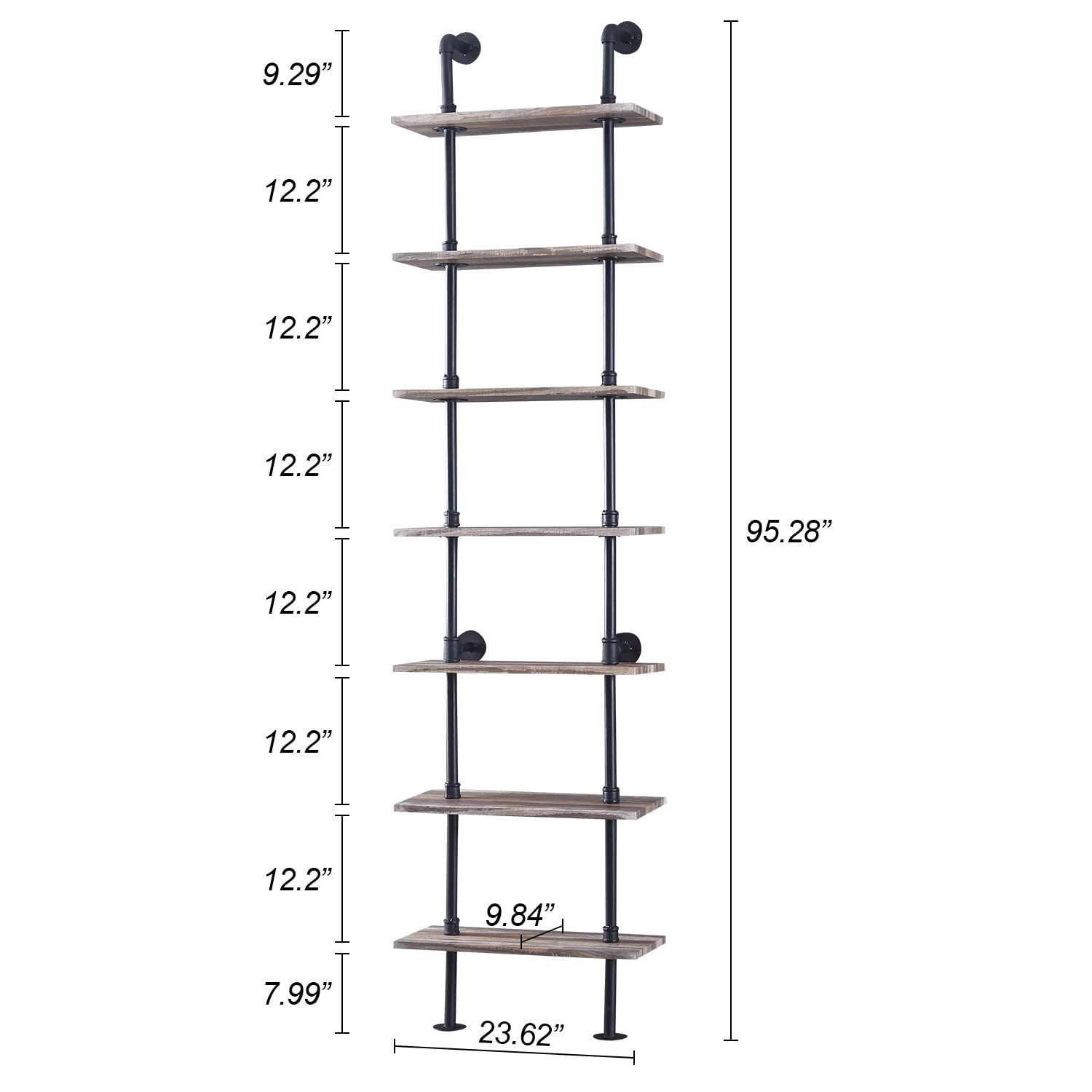 HOMBAZAAR Industrial Pipe Bookshelf,7 Tier Pipe Shelving,Wall Mounted Ladder Shelves with Metal Frame for Home Office,Living Room,Oak Brown