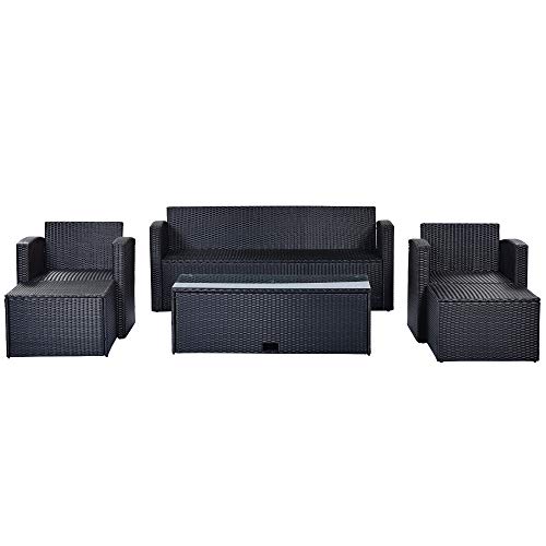 6-Piece Wicker Sofa,All-Weather PE Rattan Patio Outdoor Dining Conversation Sectional Set with Coffee Table, Wicker Sofas, Ottomans, Removable Cushions for Garden (Dark Grey Wicker+Beige Cushion)