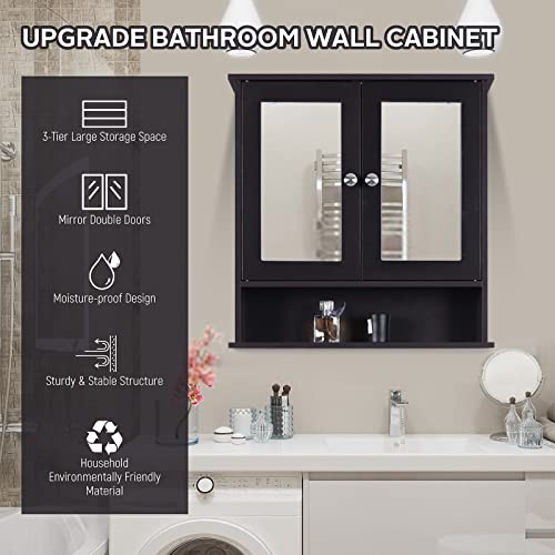 PHI VILLA Bathroom Medicine Cabinet with Mirror Wall Mounted Storage Cabinet with Double Mirrored Doors and Adjustable Shelf for Bathroom Living Room Furniture, Coffee