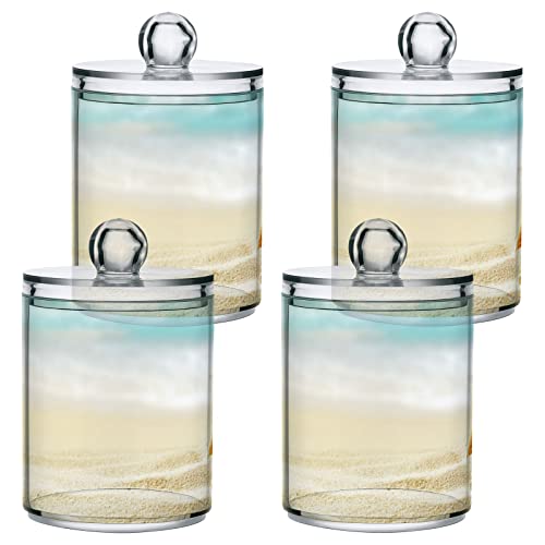 4 Pack Qtip Holder Dispenser Shell on Beach Summer Time Cotton Ball Cotton Swab Cotton Round Pads Floss Clear Bathroom Storage Containers Plastic Apothecary Jars with Lids
