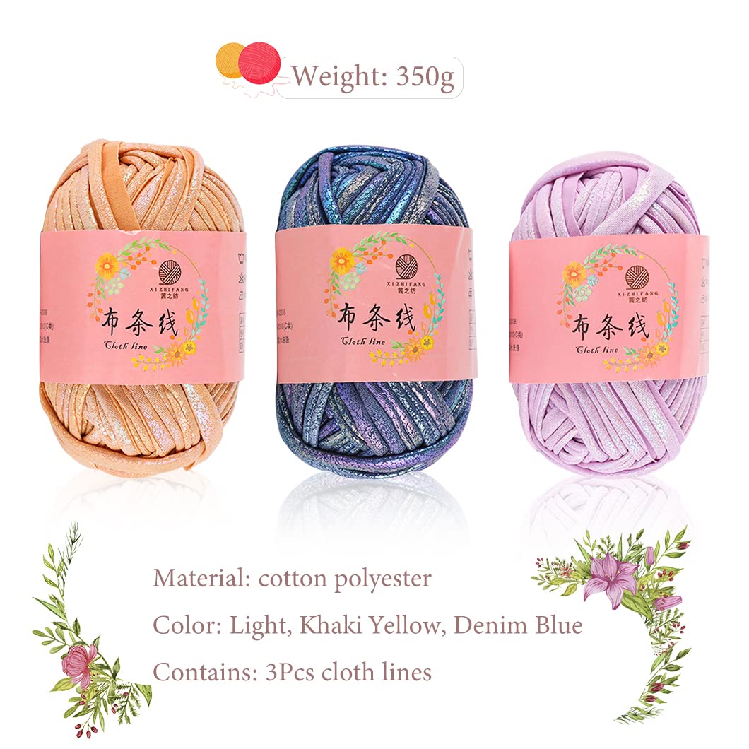 Rolin Roly 3Pcs Knitting Yarn Khaki Yellow Cotton Yarn Blue Soft Fabric Crochet Cloth for Summer Hand DIY Knitted Fabric Art Basket Bag Long30m