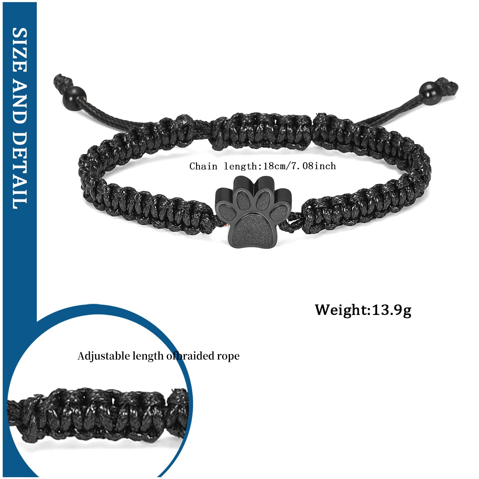 constantlife Cremation Bracelet for Pets Ashes - Dog Paw Pendant Bangle Stainless Steel Memorial Urn Jewelry (Black Rope-2Pcs/Silver+Black)