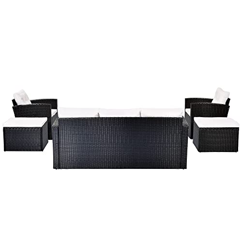 6-Piece Wicker Sofa,All-Weather PE Rattan Patio Outdoor Dining Conversation Sectional Set with Coffee Table, Wicker Sofas, Ottomans, Removable Cushions for Garden (Dark Grey Wicker+Beige Cushion)