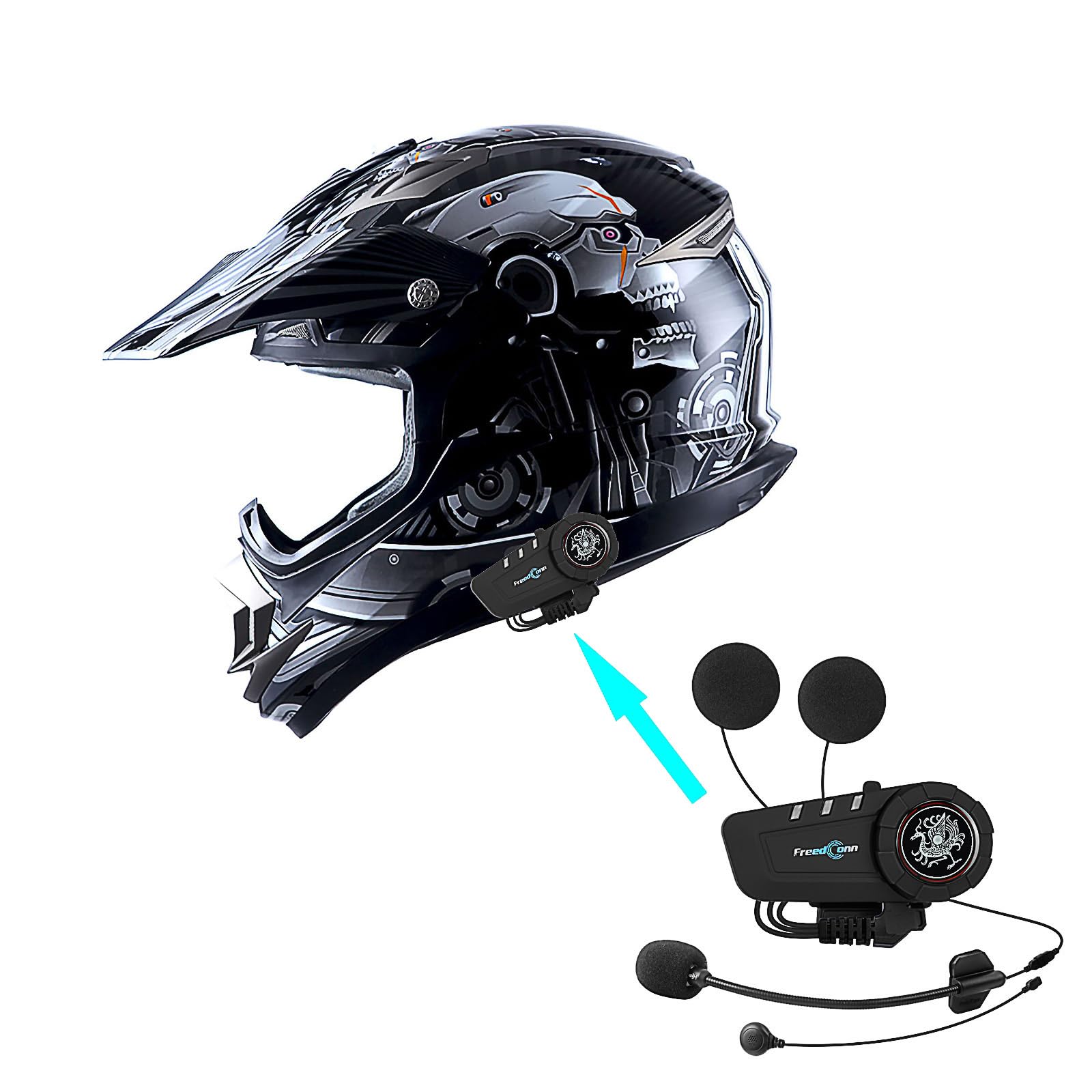 1Storm Adult Motocross Helmet Off Road MX BMX ATV Dirt Bike Mechanic + Motorcycle Bluetooth Headset: Skull Black
