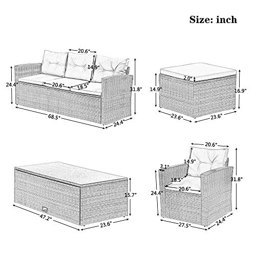 6-Piece Wicker Sofa,All-Weather PE Rattan Patio Outdoor Dining Conversation Sectional Set with Coffee Table, Wicker Sofas, Ottomans, Removable Cushions for Garden (Dark Grey Wicker+Beige Cushion)