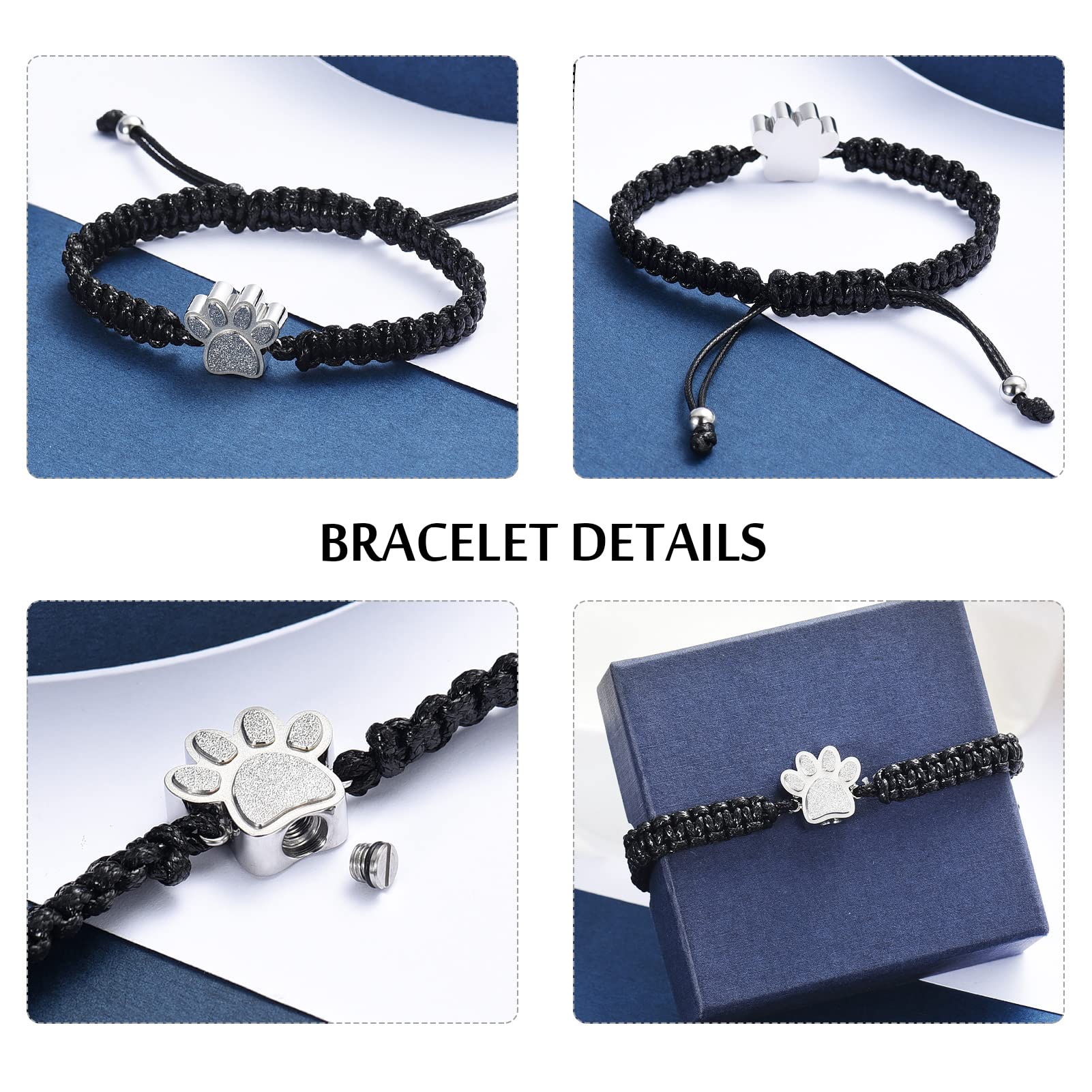 constantlife Cremation Bracelet for Pets Ashes - Dog Paw Pendant Bangle Stainless Steel Memorial Urn Jewelry (Black Rope-2Pcs/Silver+Black)