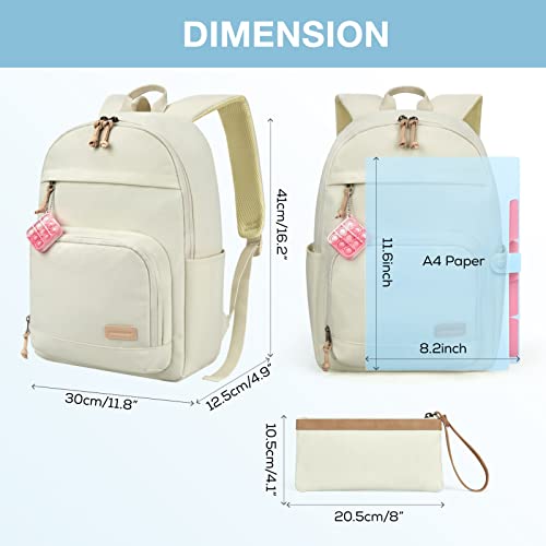 mommore School Backpack for Boys Girls 6-8 Years Old Lightweight Kids Bookbags Casual Daypack with Luggage Strap, Beige