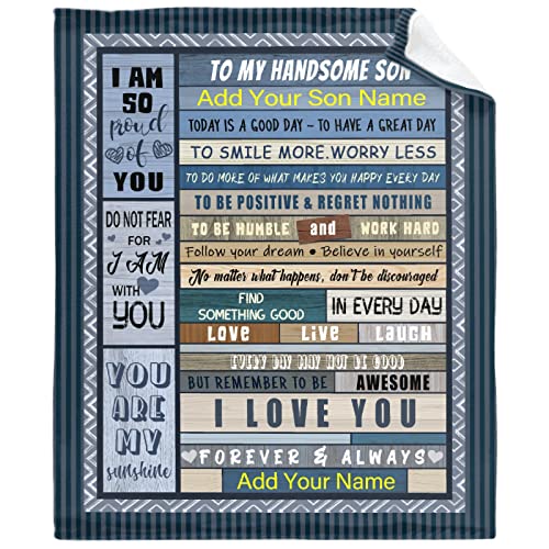Personalized to My Son Blanket from Mom Dad 60x80 Inches Lightweight Flannel Throws Custom Name Gift for Boy Men Super Soft Comfy Blankets Birthday Christmas Decor Couch Sofa